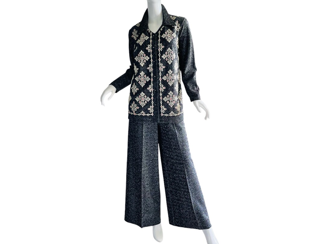 1970s Vintage Metallic Silver Pant Set Beaded Argyle Evening Party ...