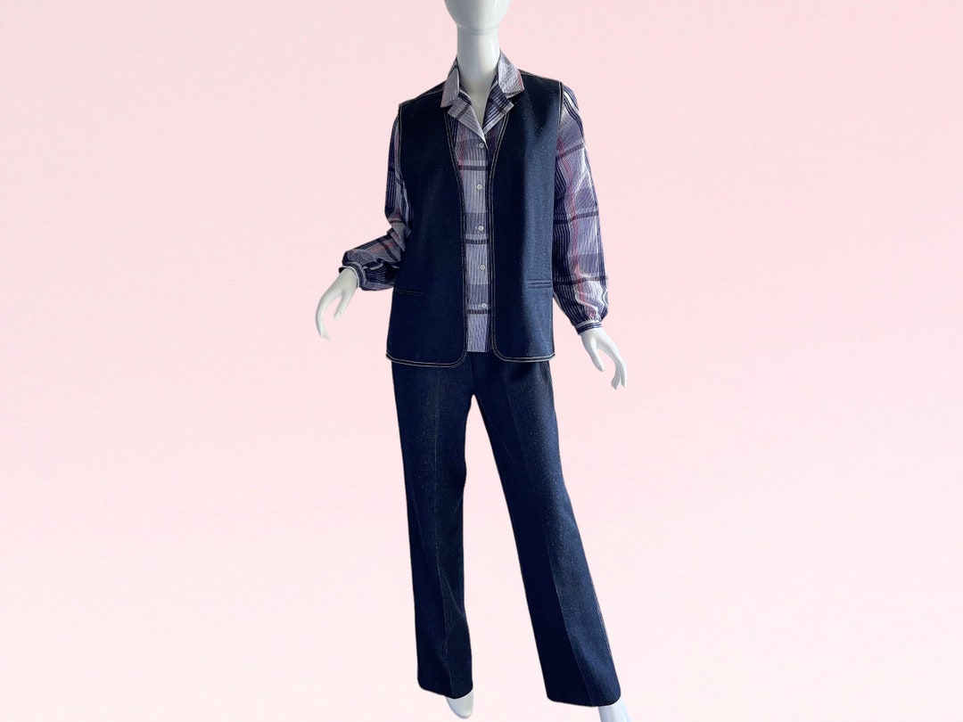 1970s Vintage Denim Knit Mod Pant Set Plaid Bell Bottoms Vest Blouse ...