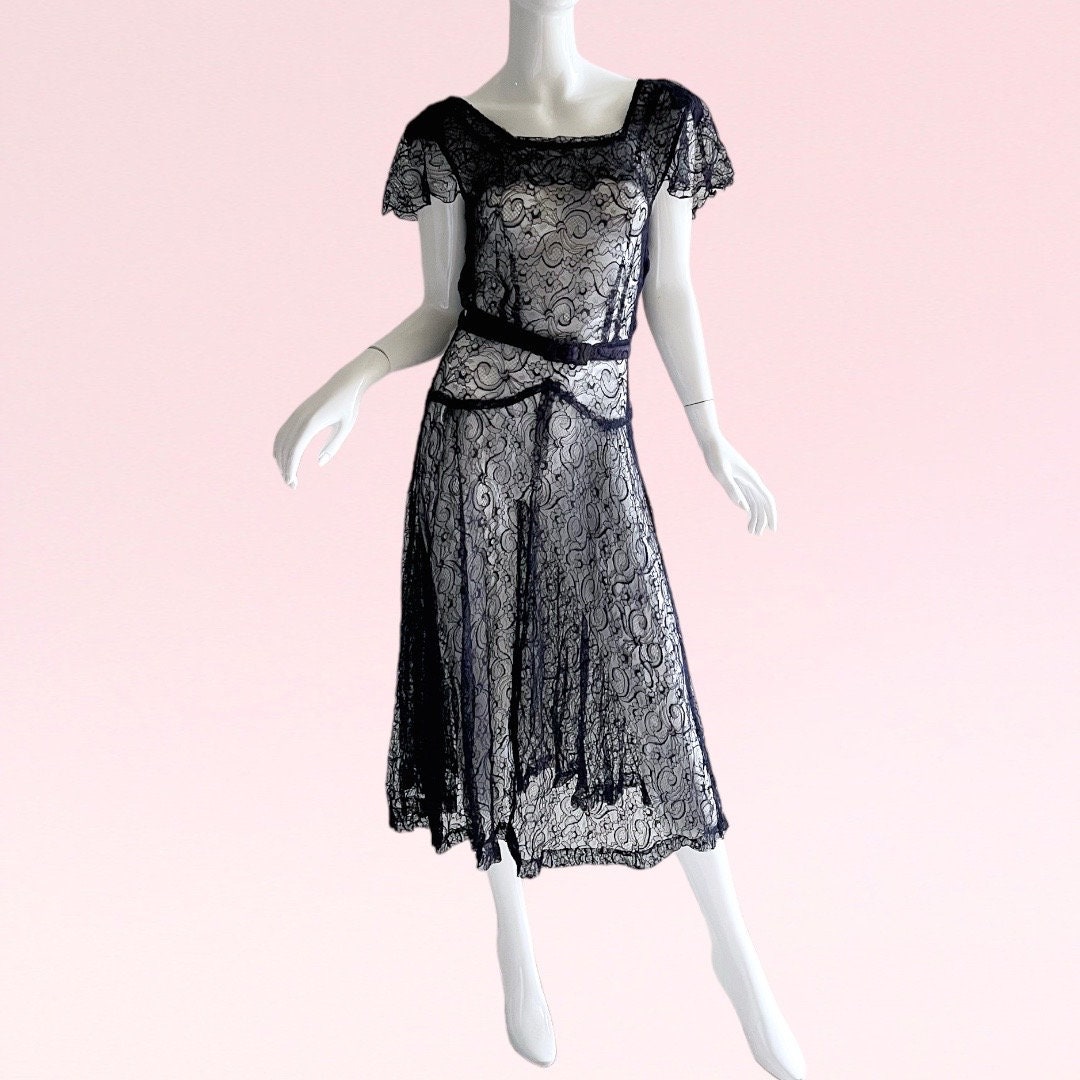 1930s Vintage Lace Flapper Dress Victorian Antique Sweeping Flutter ...