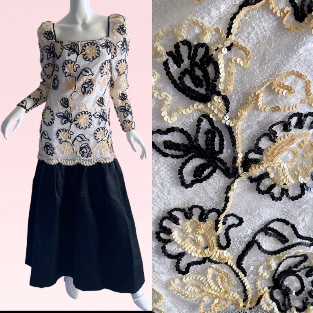1980s Vintage Diane Dickinson Sequin Gown, Neiman Marcus Lace Taffeta ...