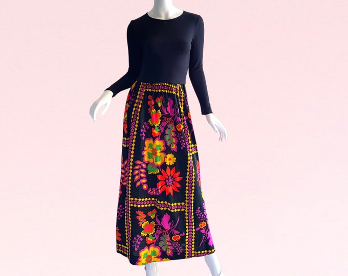 1970s Vintage Psychedelic Neon Flower Dress Tribes Design Bodycon Party ...