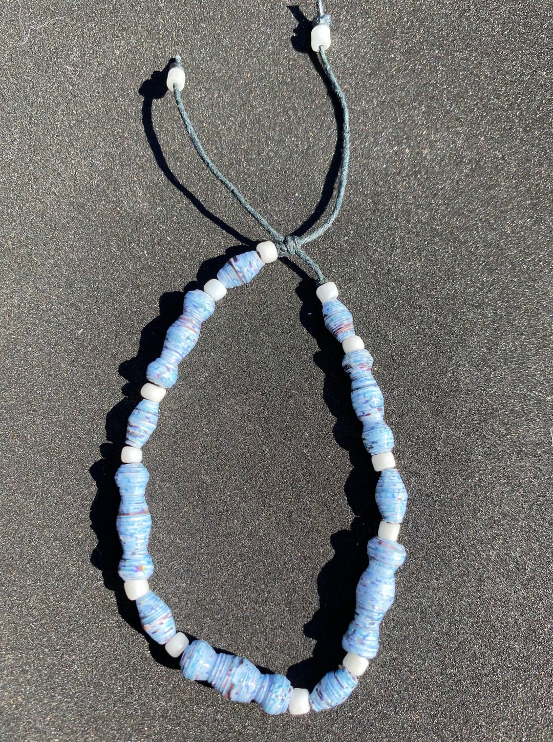 Blue Paper Bead Adjustable Single Strand Bracelet With White Glass ...