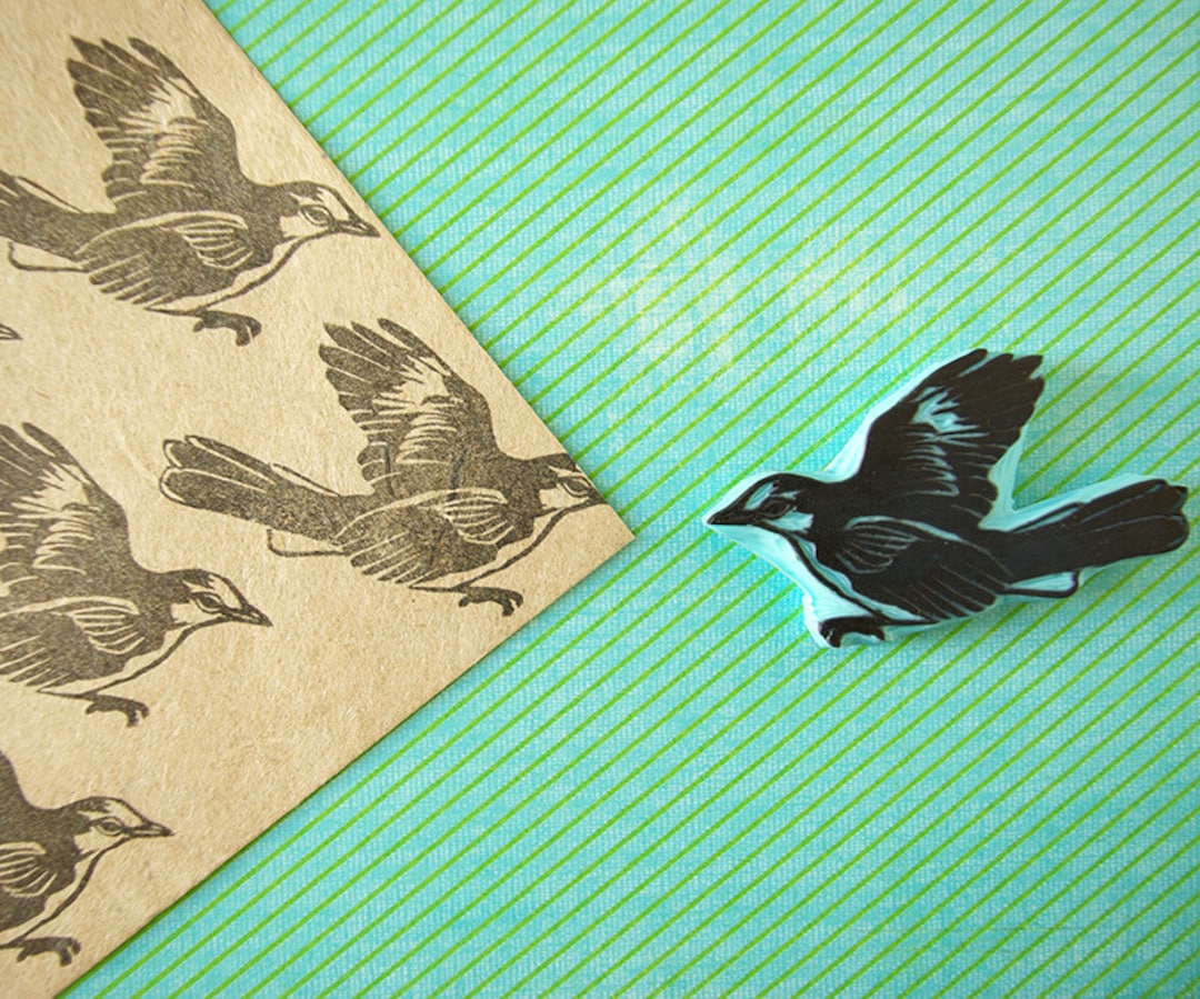 Bird Rubber Stamp, Mockingbird, Mounted Stamps, Hand Carved, Flying ...