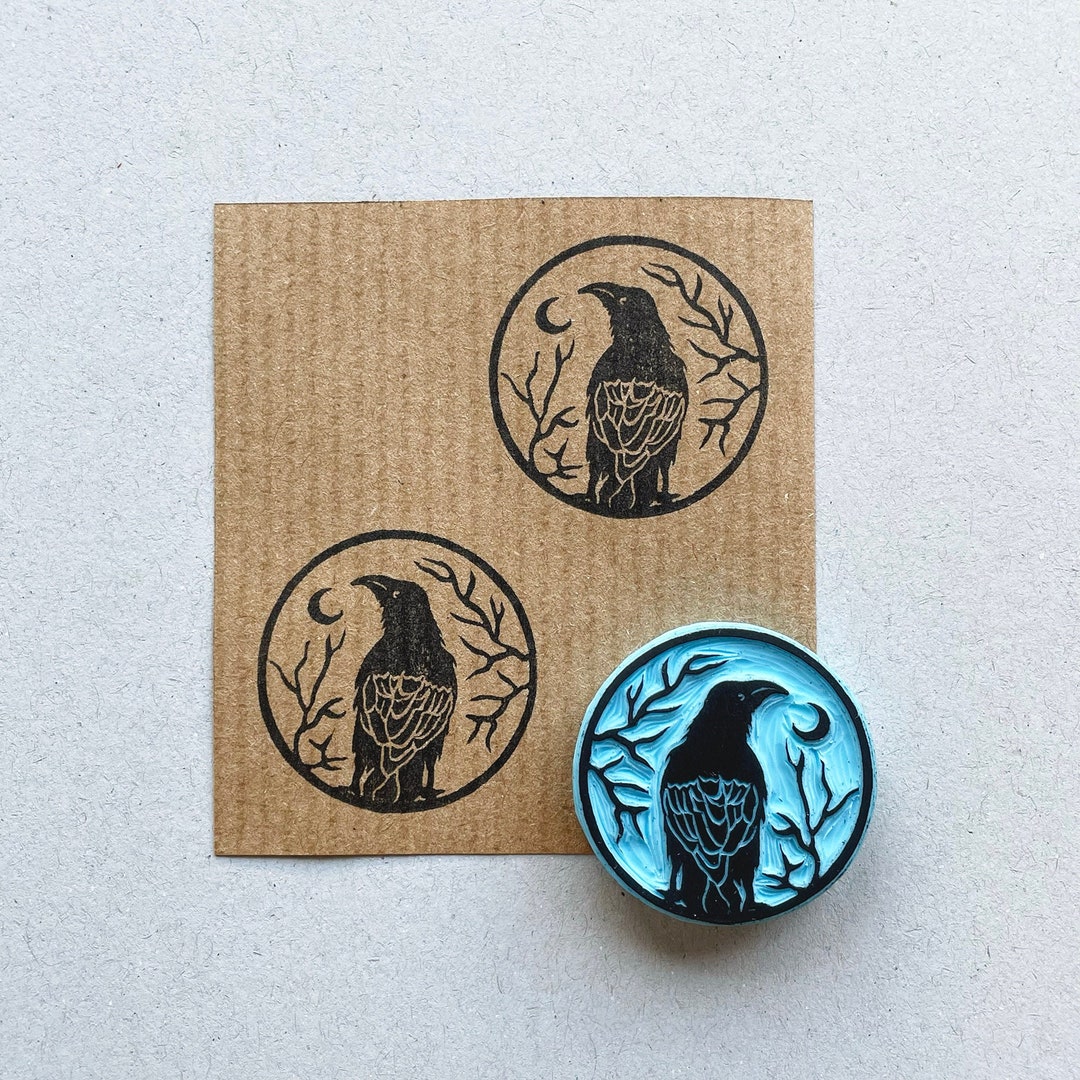Raven Medallion Hand Carved Rubber Stamp With a Crescent Moon and Tree ...