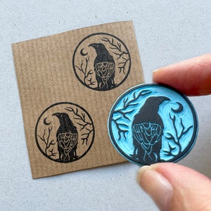 Raven Medallion Hand Carved Rubber Stamp With a Crescent Moon and Tree ...
