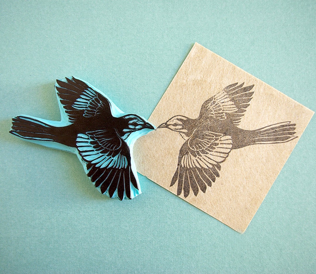 Mockingbird Rubber Stamp, Hand Carved, Bird Stamp, Flying Bird, Textile ...