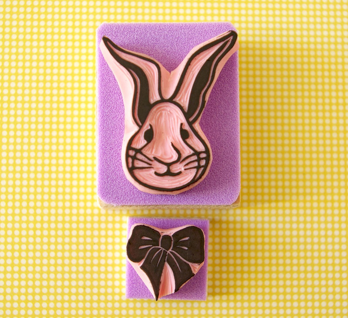 Bunny rubber stamp bunny face stamp bowtie hand carved | Etsy