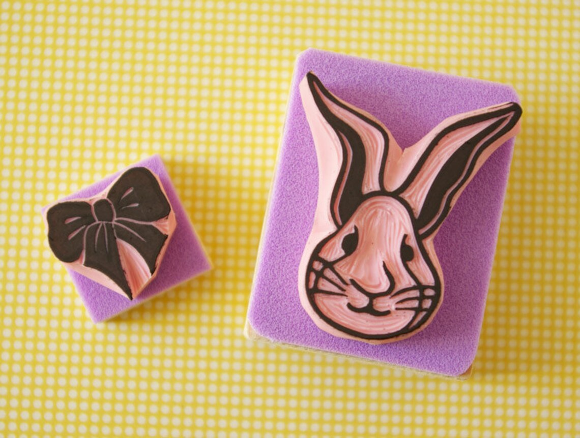 Bunny rubber stamp bunny face stamp bowtie hand carved | Etsy