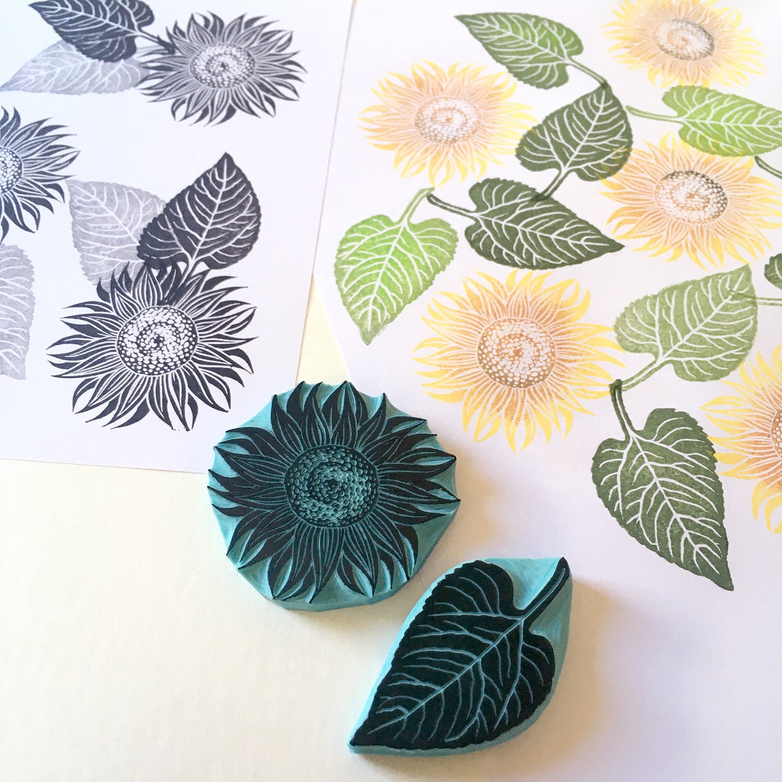 Sunflower Rubber Stamp Hand Carved Stamp Sunflower and Leaf | Etsy