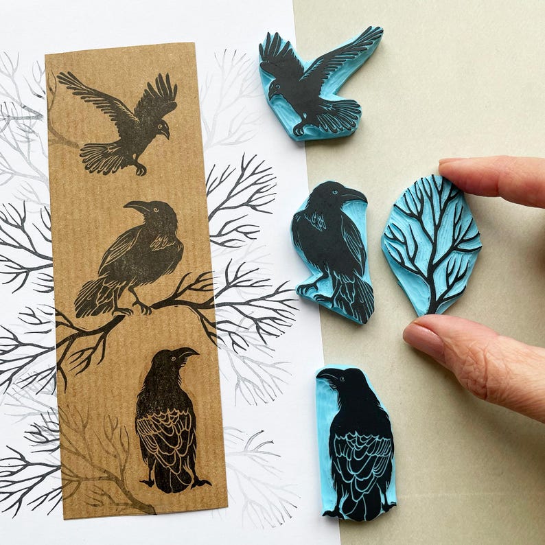 Hand Carved Raven Rubber Stamps, Dark Academia and Woodland Nature Bird ...