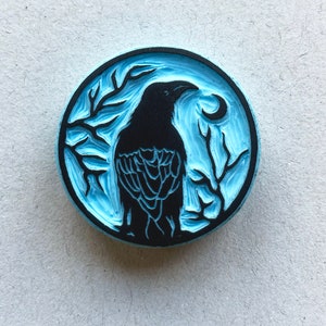 Raven Medallion Hand Carved Rubber Stamp With a Crescent Moon and Tree ...