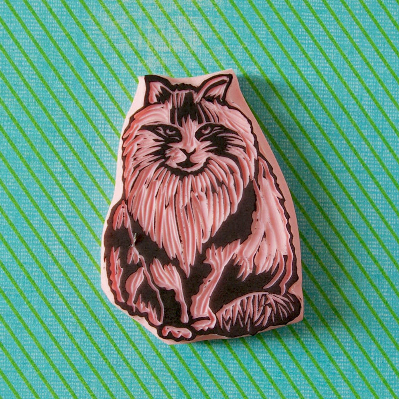 Cat Rubber Stamp Hand Carved Rubber Stamp of a Hairy Cat - Etsy