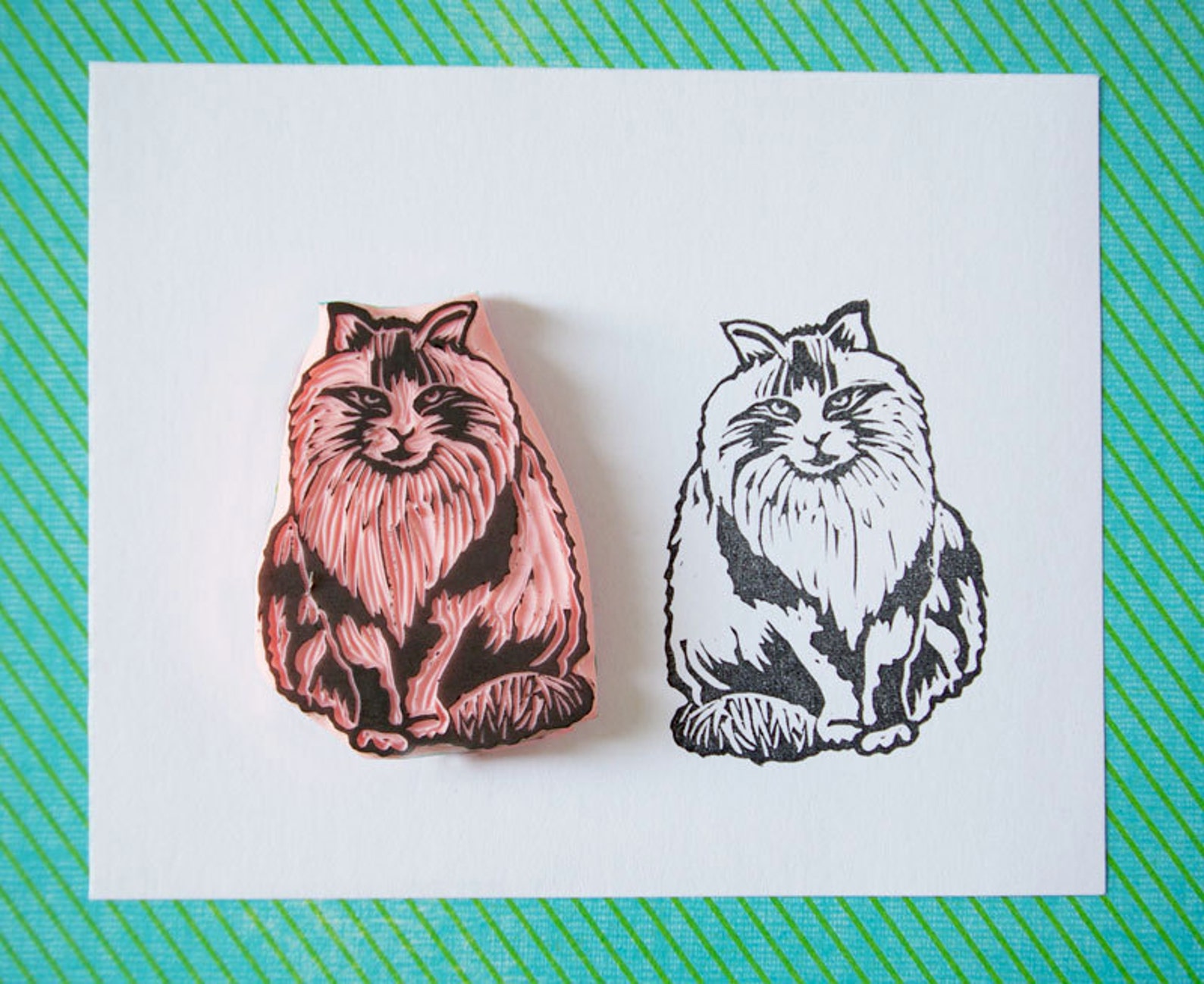 Cat Rubber Stamp Hand Carved Rubber Stamp of a Hairy Cat - Etsy