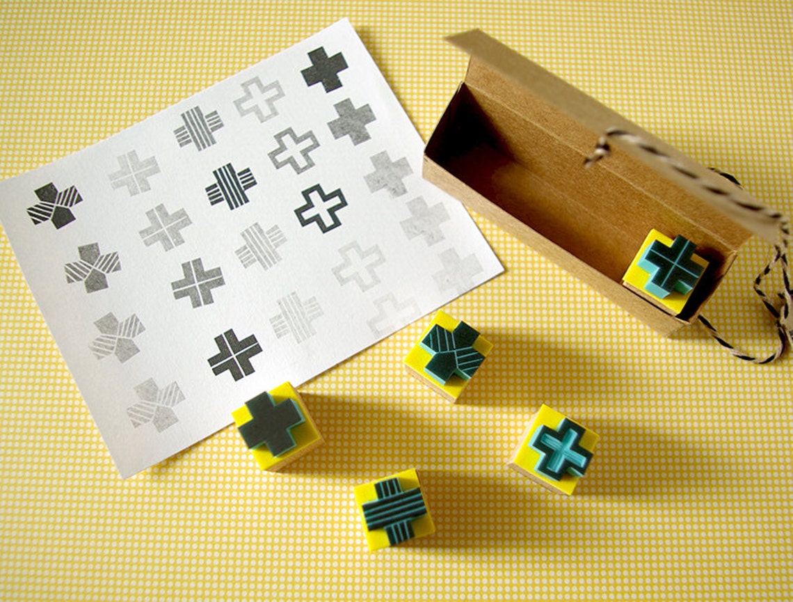 Plus Signs Stamps, Set of Five, Mini Rubber Stamps, Hand Carved, Stamp ...