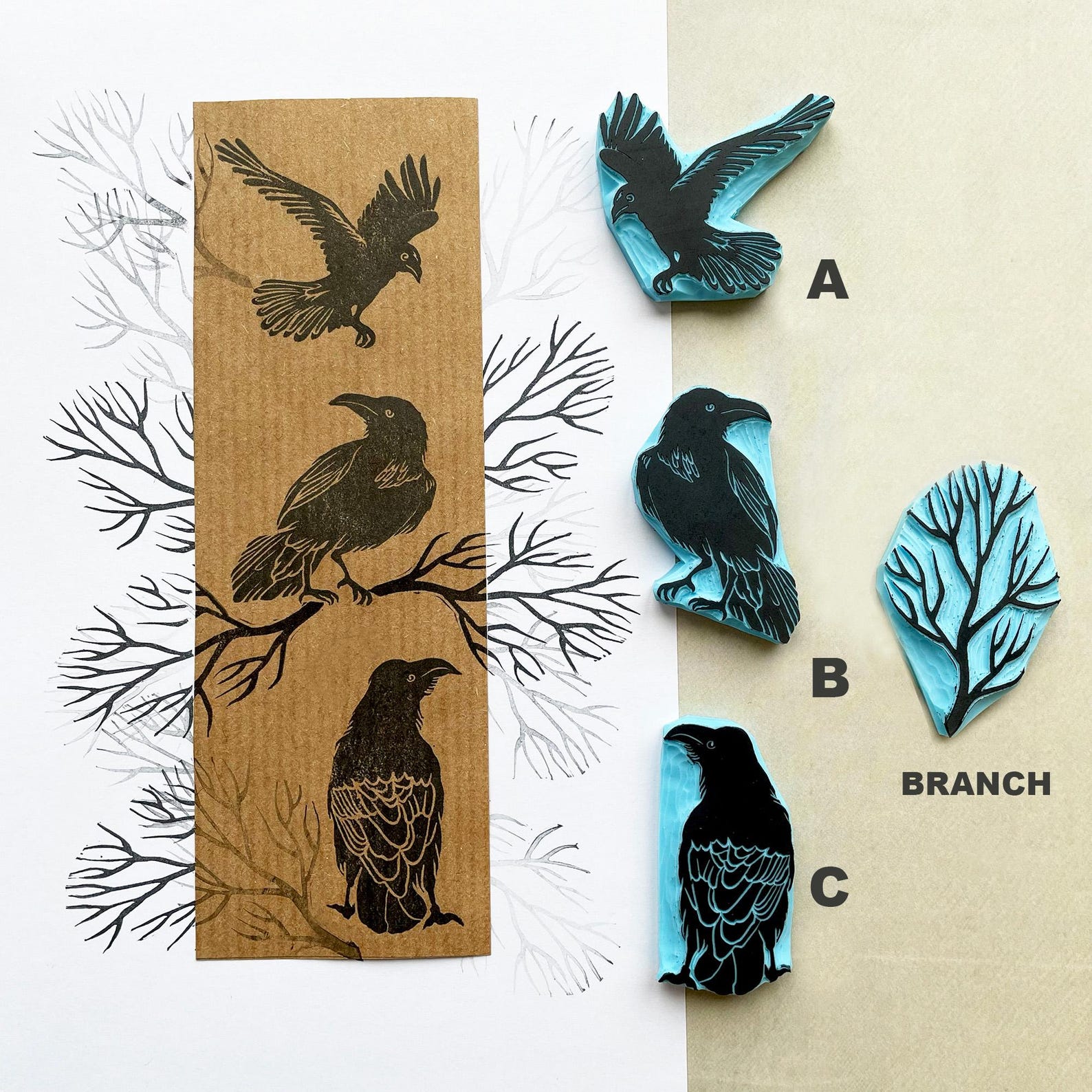 Hand Carved Raven Rubber Stamps, Dark Academia and Woodland Nature Bird ...