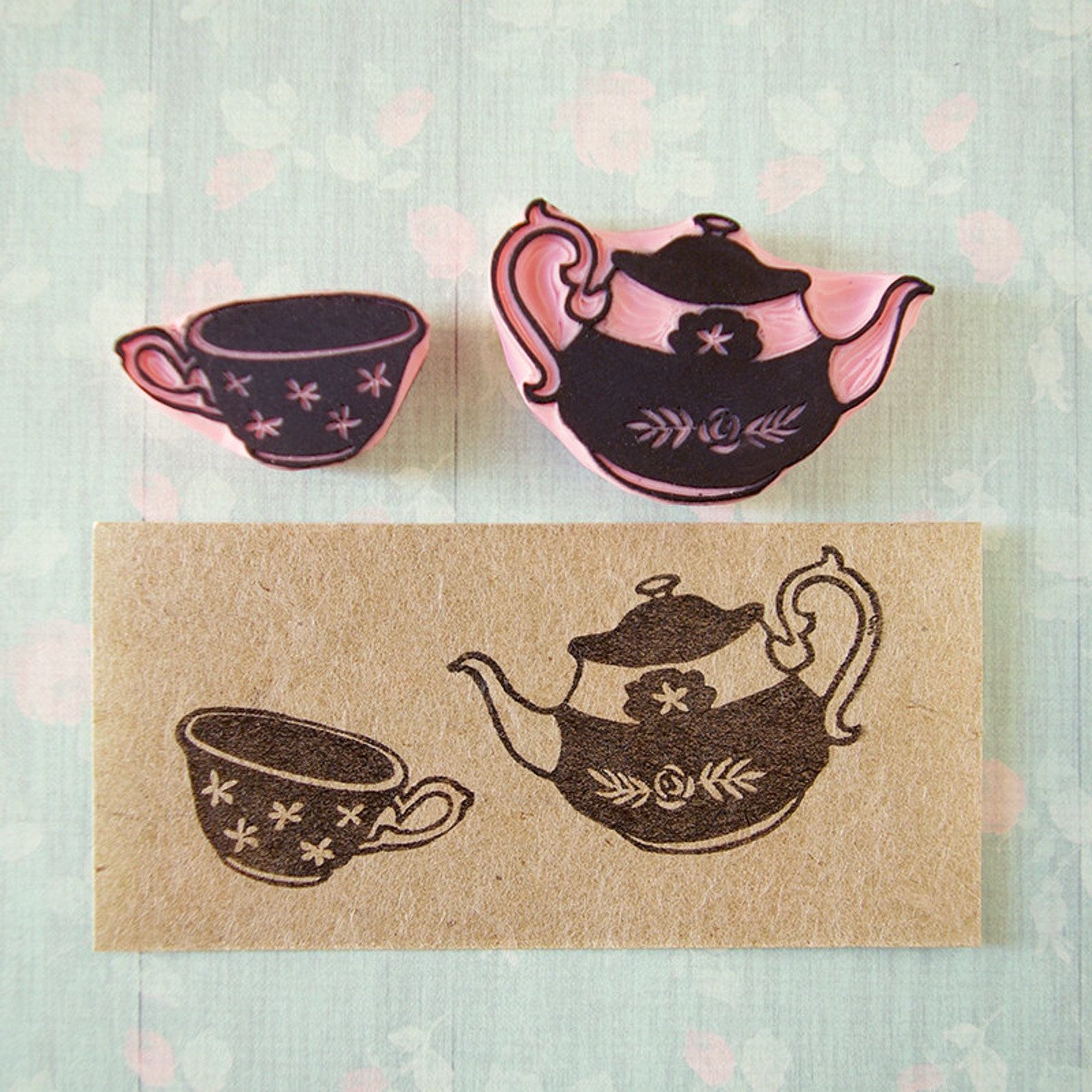 Teapot Rubber Stamp Hand Carved Stamp Tea Cup Stamp | Etsy