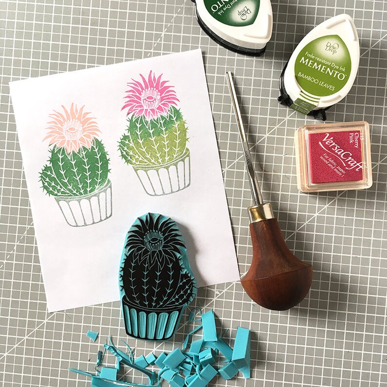 Cactus bloom rubber stamp hand carved rubber stamp cactus | Etsy