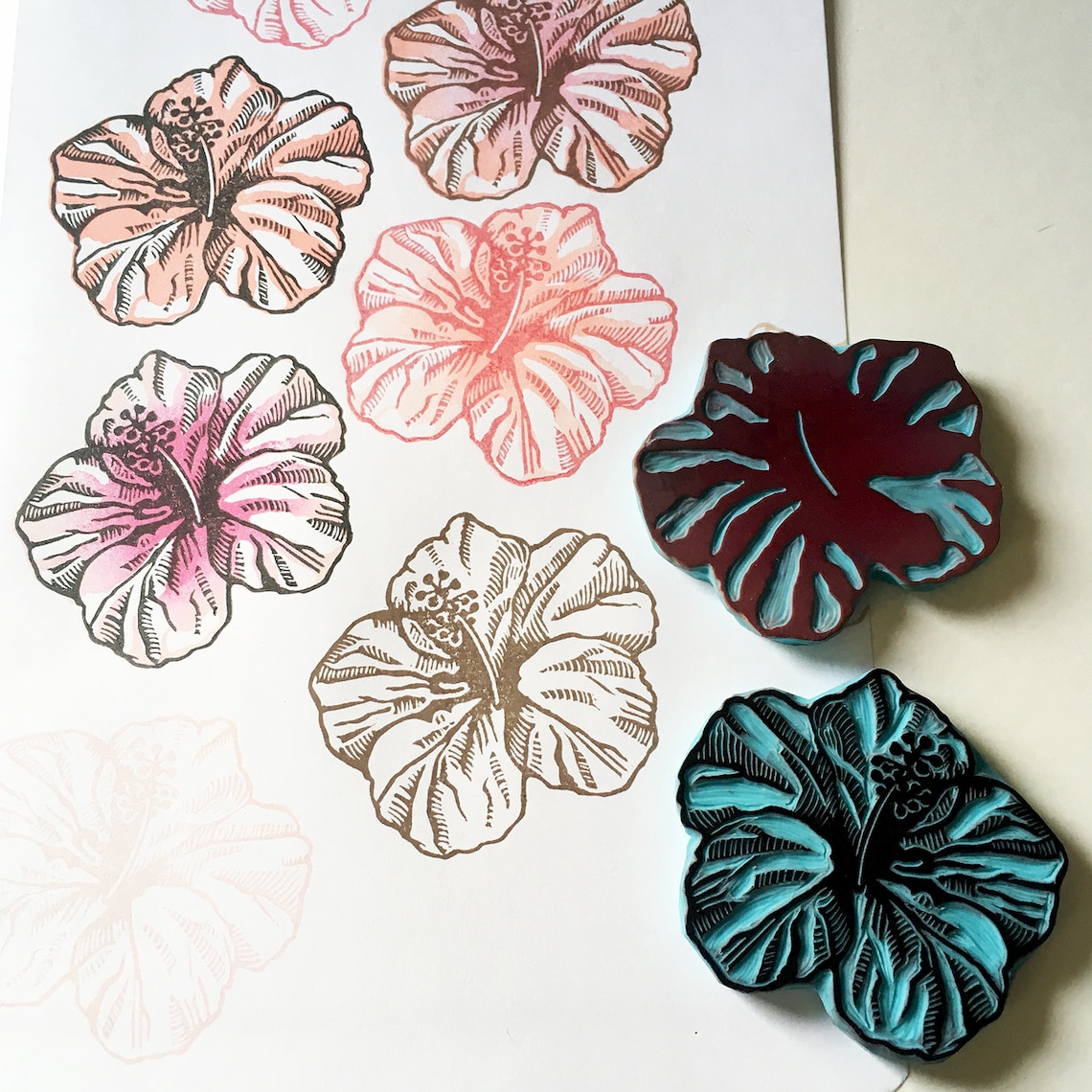 Hibiscus Flower Rubber Stamp, Set of Stamps for Two Color Stamping ...