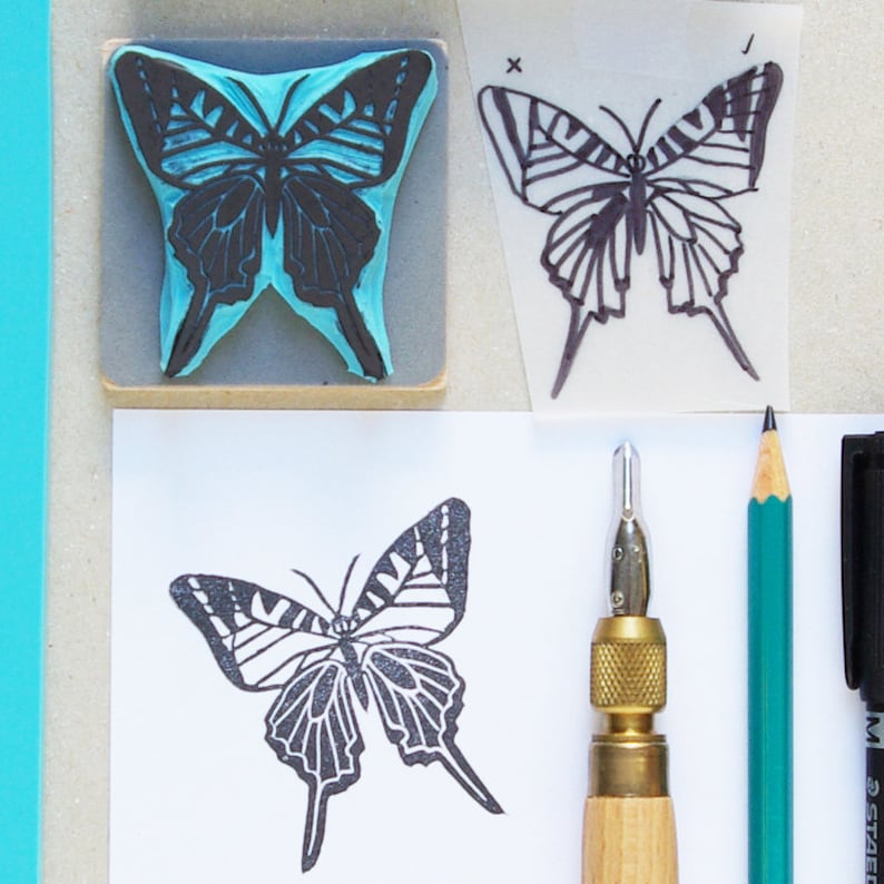 Butterfly Hand Carved Rubber Stamp Insect Stamp Greeting - Etsy