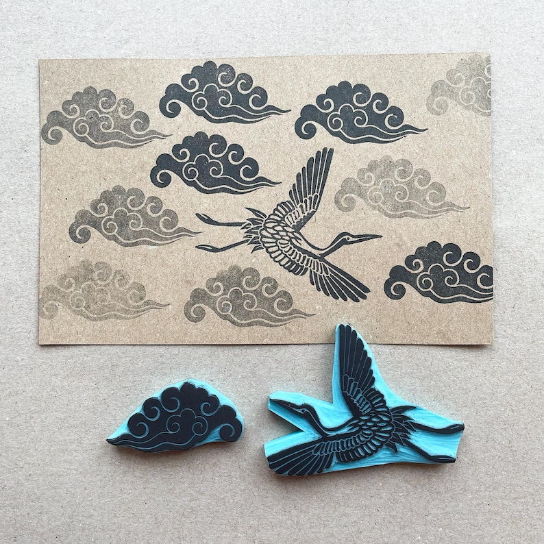 Hand Carved Crane Rubber Stamp: Japanese Art Cloud Design - Etsy