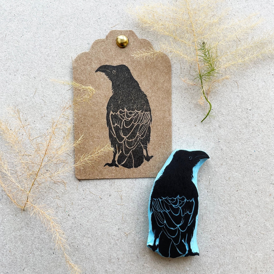 Raven Rubber Stamp, Hand Carved Black Crow Bird Stamp - Etsy