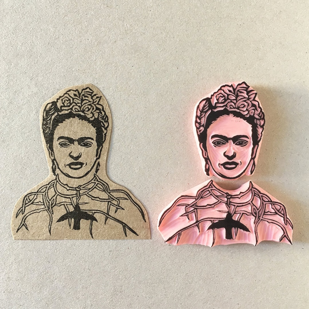 Frida Rubber Stamp, Frida With Hummingbird, Thorn Necklace, Hand Carved ...
