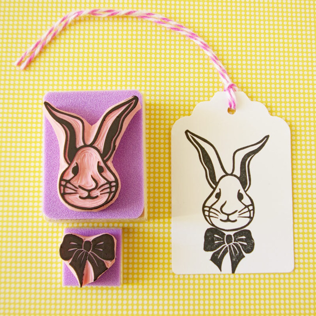 Bunny Rubber Stamp, Bunny Face Stamp, Bowtie, Hand Carved Stamp, Easter ...