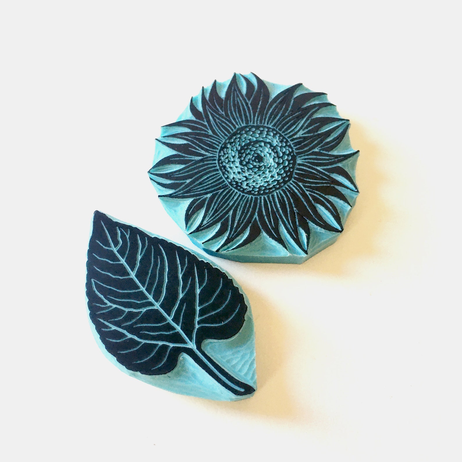 Sunflower Rubber Stamp Hand Carved Stamp Sunflower and Leaf | Etsy