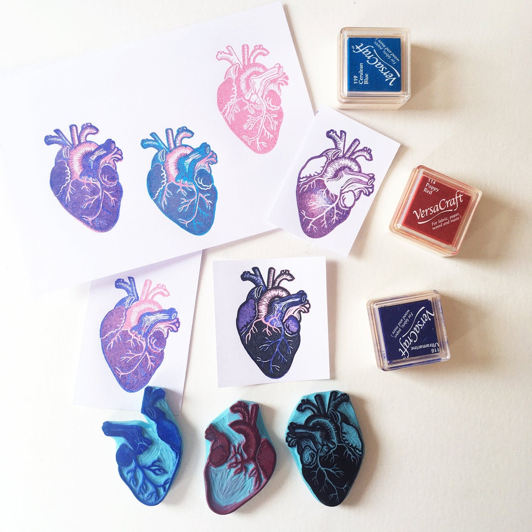 Anatomical Heart Rubber Stamp, 3 Color Set of Hearts, Hand Carved ...