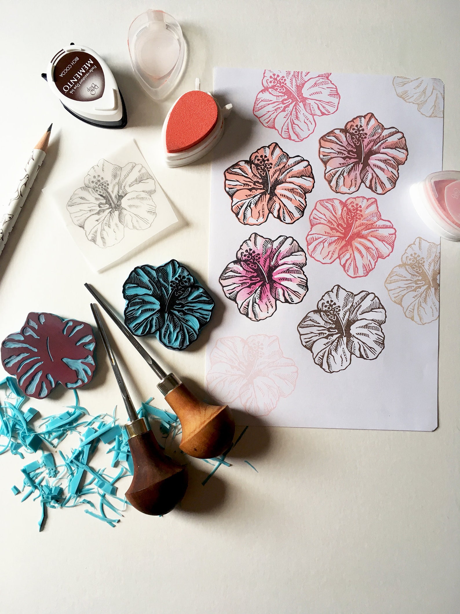 Hibiscus Flower Rubber Stamp, Set of Stamps for Two Color Stamping ...