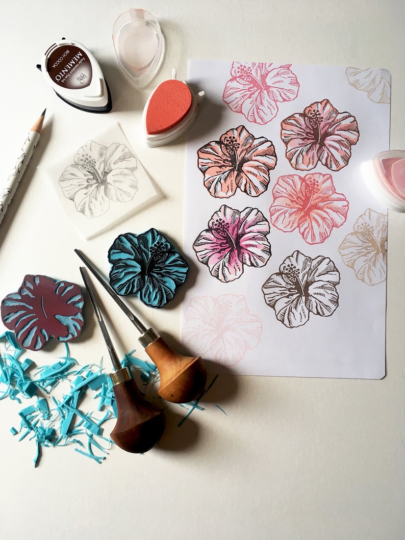 Hibiscus Flower Rubber Stamp, Set of Stamps for Two Color Stamping ...