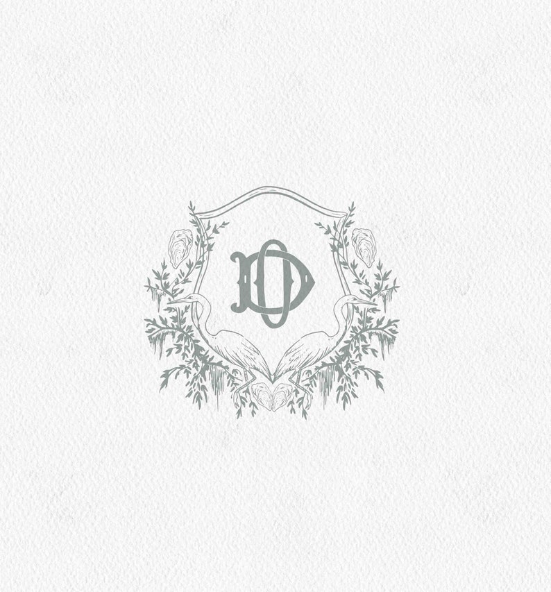 Hand Drawn Wedding Monogram Crest Coastal Marsh Wedding Oyster Heron ...