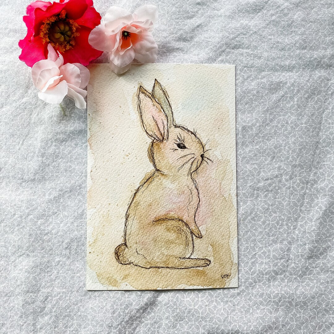 Easter Bunny Rabbit Original Watercolor and Ink Painting 4x6, Free ...