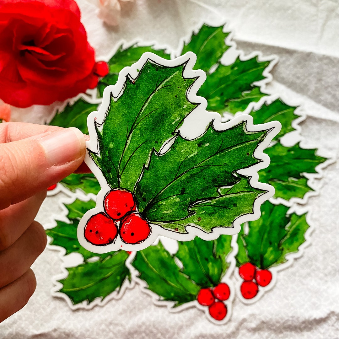 Holly and Berries Watercolor Sticker, Christmas December Vinyl Decal ...