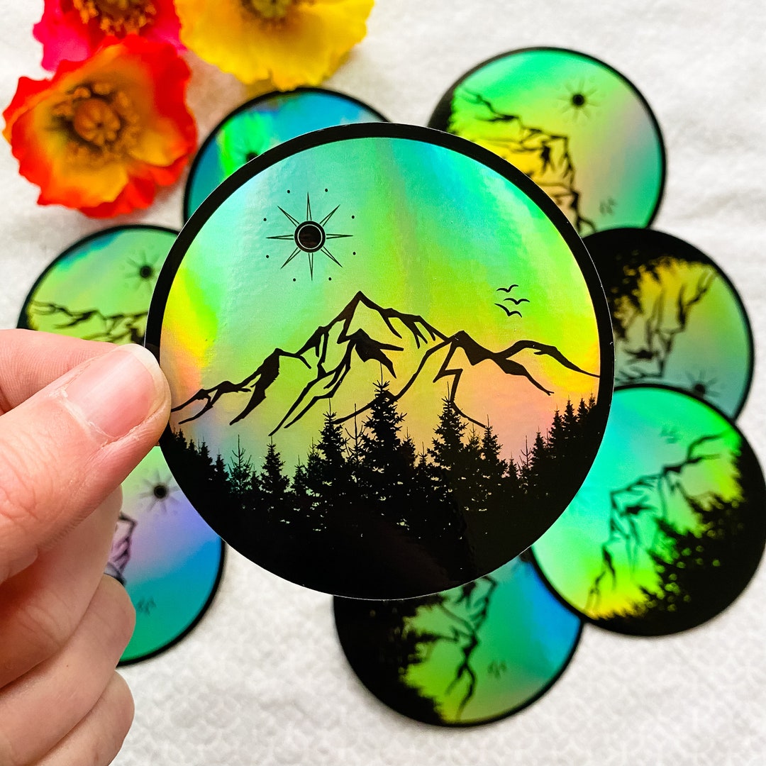Holographic Mountain Circle Sticker Waterproof Weatherproof - Etsy