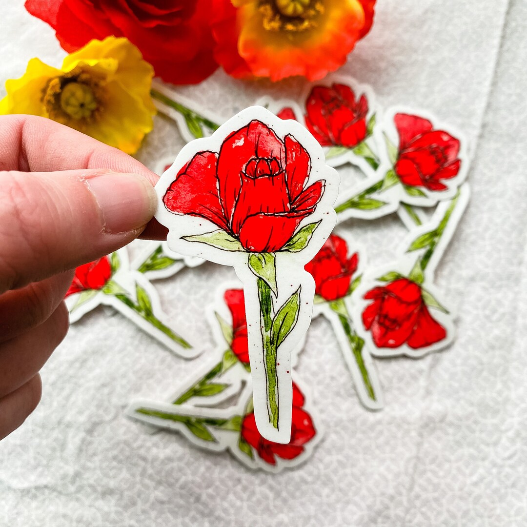Red Rose Flower Sticker, Watercolor Ink Florals, Vinyl Decal Flowers ...
