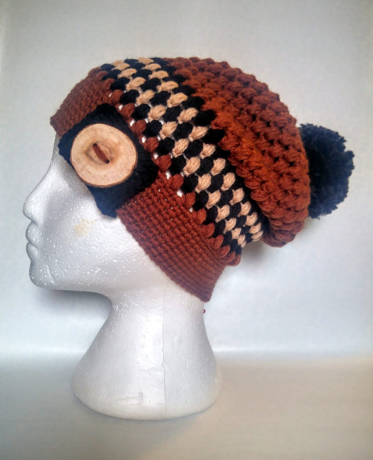 Puff Stitch Crochet Slouch Hat Toque Wood Button Big Pompom - Etsy