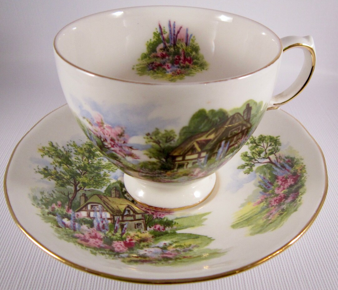 Royal Vale Bone China Teacup and Saucer (7382) - Country Cottage Scene ...