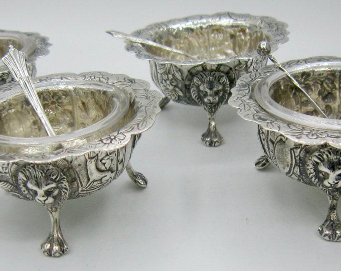 Antique Wakely and Wheeler Sterling Silver Open Salt Cellars and Spoons ...