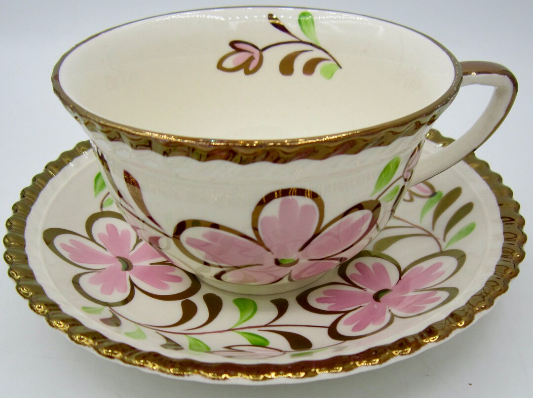 Gray's Pottery Teacup and Saucer A8464 Pink Flowers and Copper Lustre ...