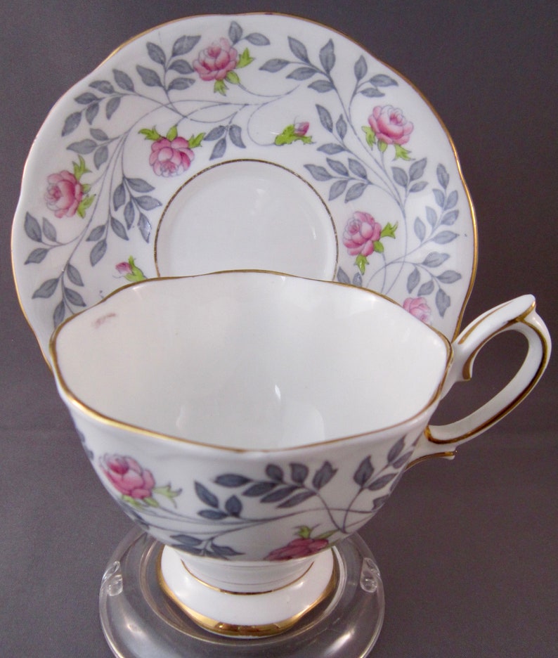 Royal Albert Conway Bone China Teacup and Saucer - Pink Roses and Grey ...