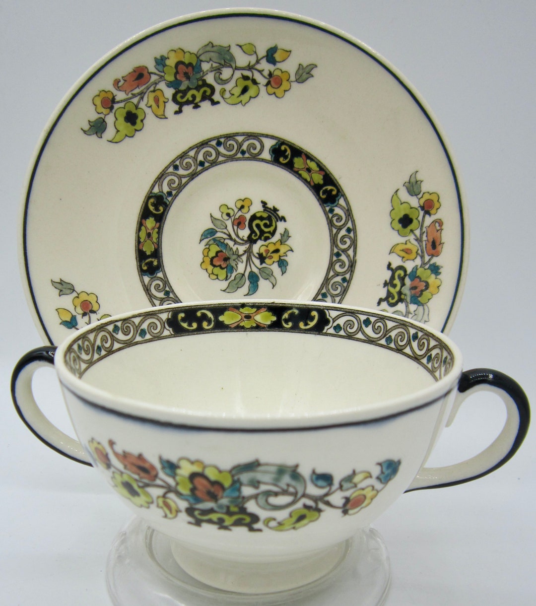Royal Cauldon Pekin Cream Soup Bowl and Saucer - V6103 Black and Yellow ...