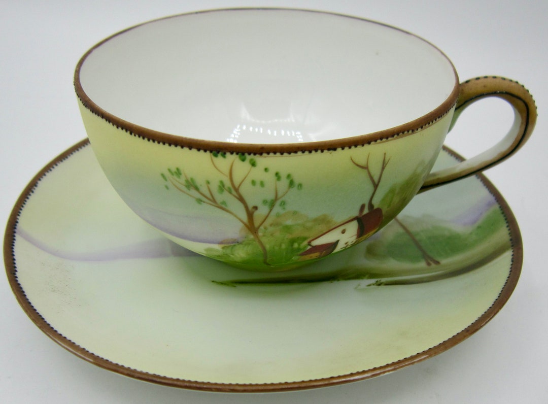 Morimura Nippon Porcelain Cup and Saucer - Hand Painted Cottage - Japan ...