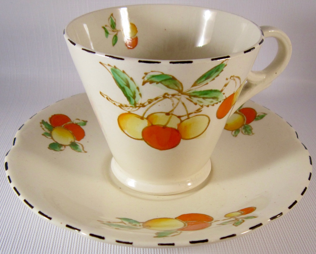 T G Green Fruit Teacup and Saucer (C341)- Orange Yellow Fruit, Black ...