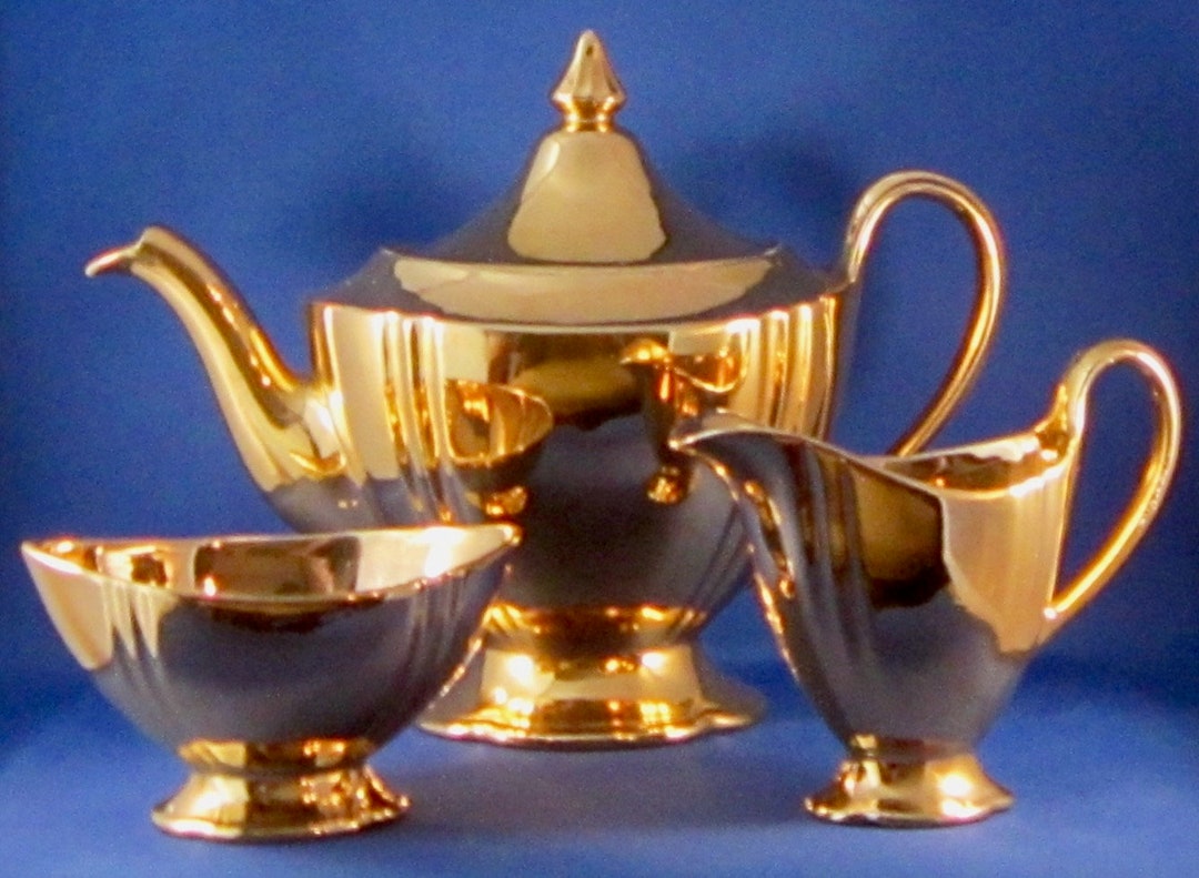 Royal Winton Golden Age Teapot, Creamer and Open Sugar Bowl (ribbed and ...