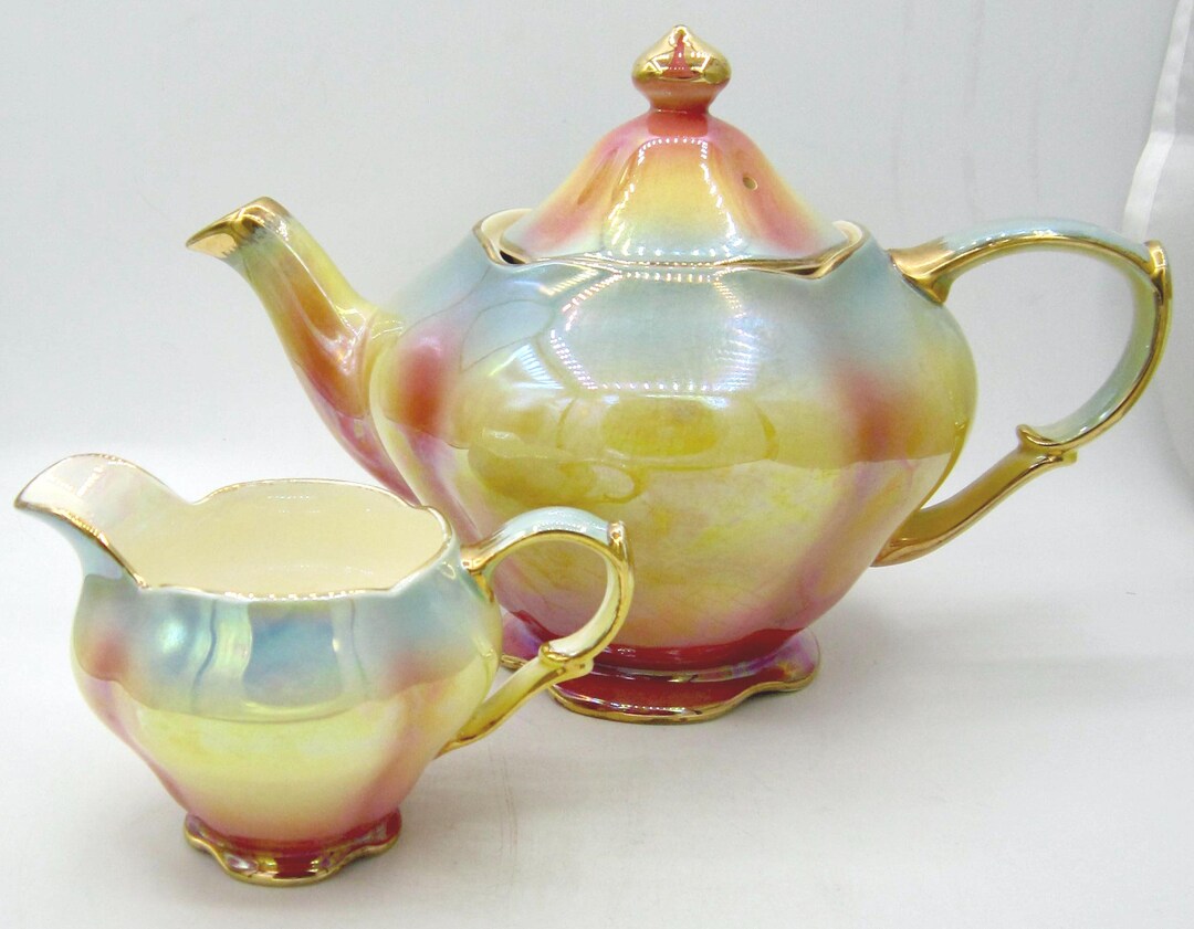 Royal Winton Lustre Ware Rainbow Teapot and Creamer - Pink, Yellow and ...