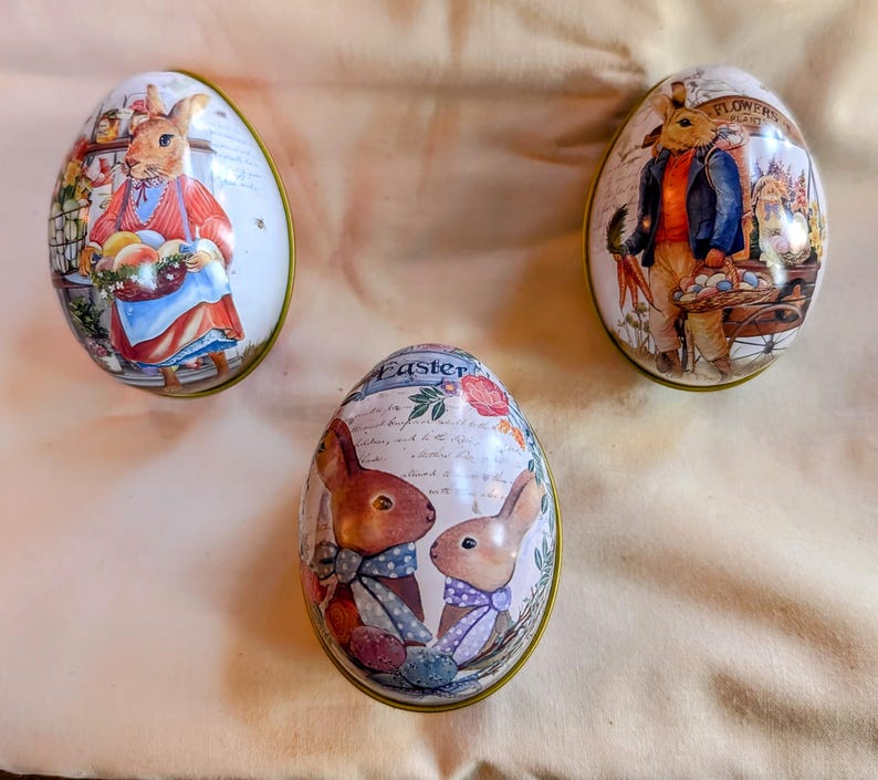 Set of Three Tin Decorated Easter Eggs, Front & Back Snap Together ...