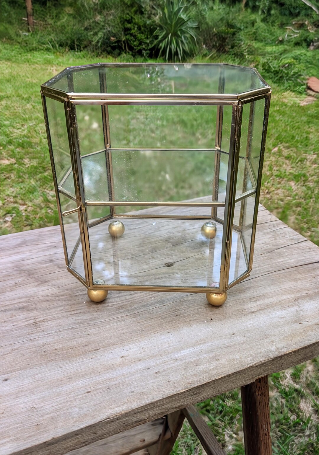 Vintage Brass and Glass Tabletop Vitrine- Octagonal Shape W/ One Fixed ...