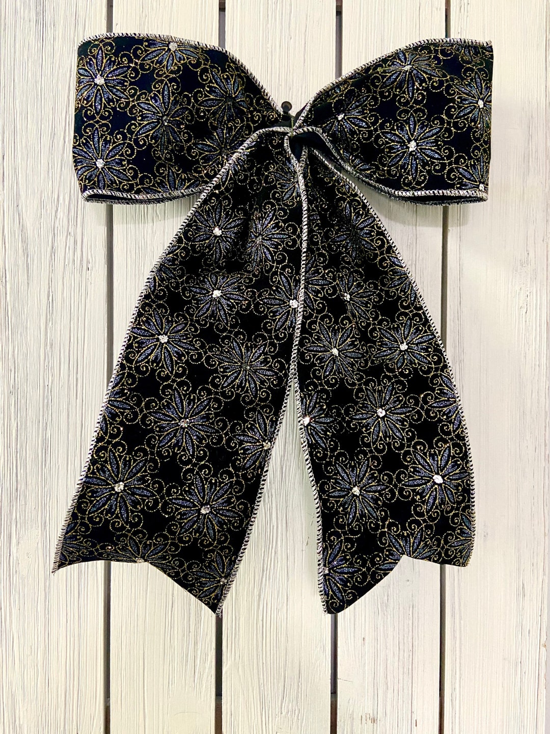 Black Gold and Silver Bow, Tree Topper, Wreath Bow, Garland Bow ...