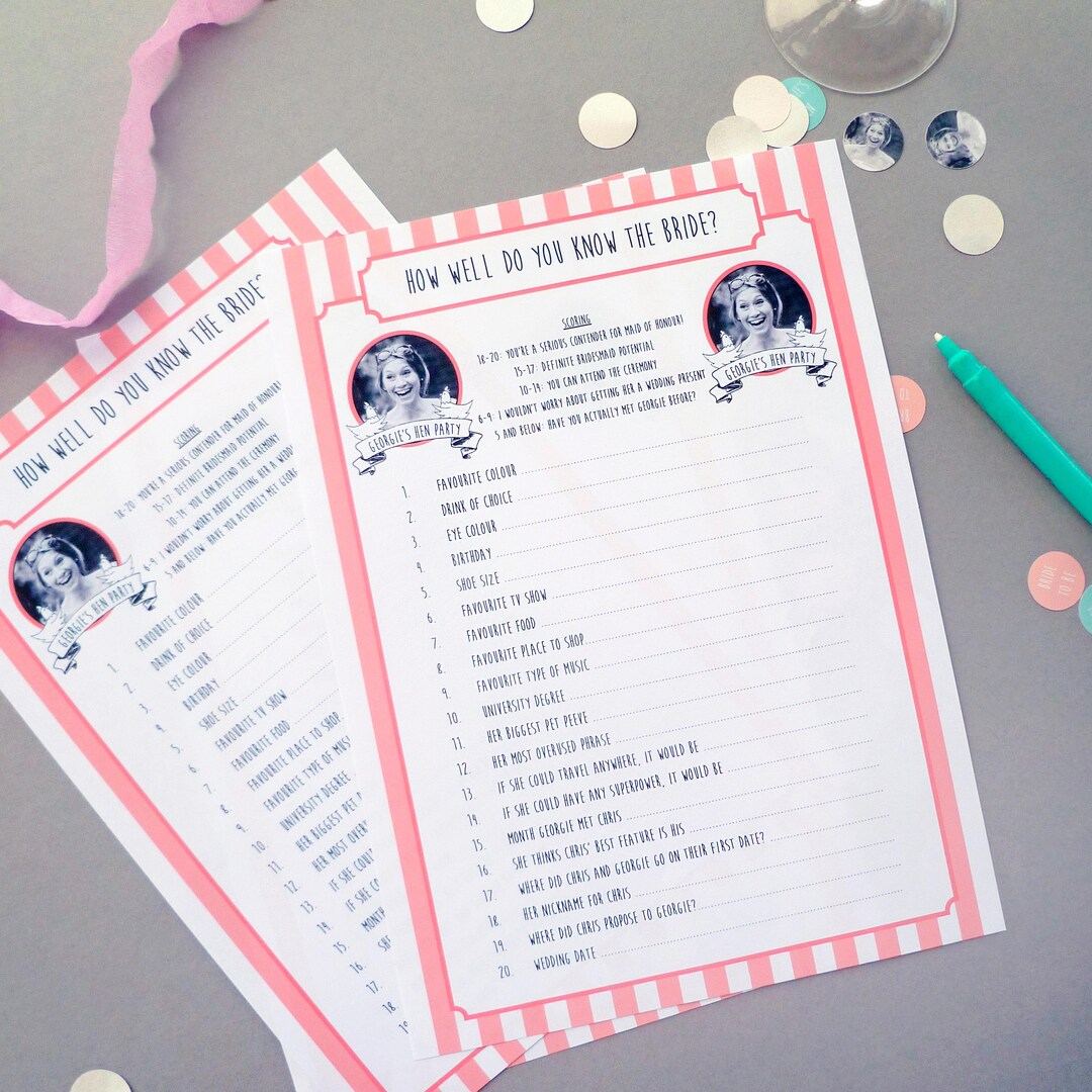 Personalised Bride Quiz: Hen Party Game With Bride's Photo (printed or ...